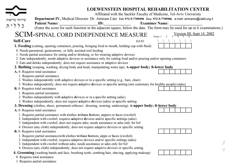 Spinal Cord Independence Measure - SCIM :: Escalas de evaluación